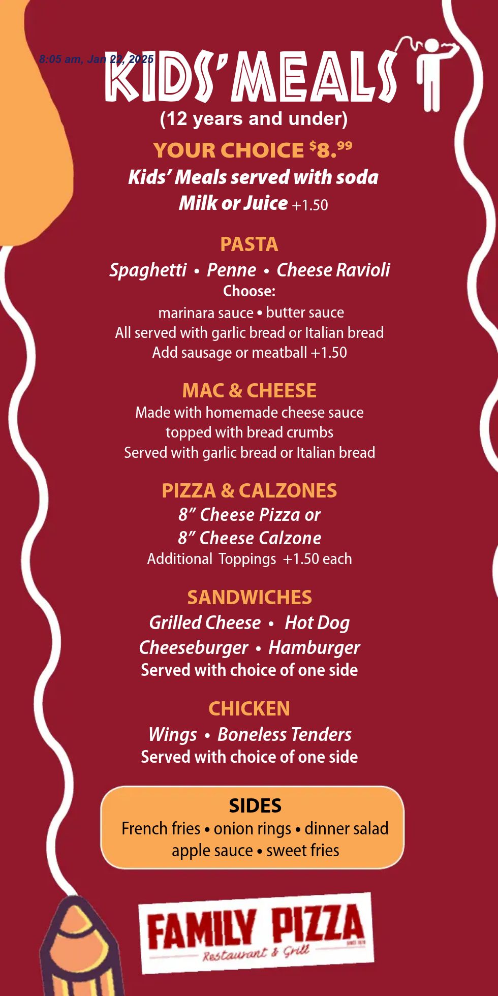 Family Pizza Kids Menu