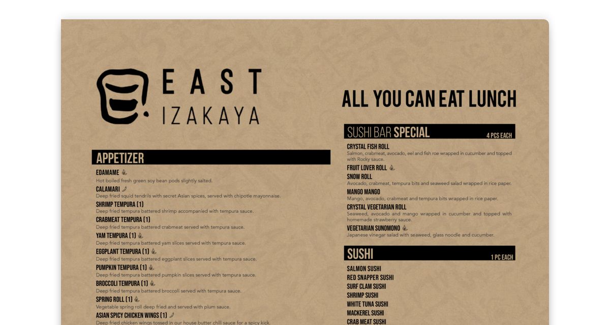 EAST IZAKAYA AYCE LUNCH MENU : simplebooklet.com