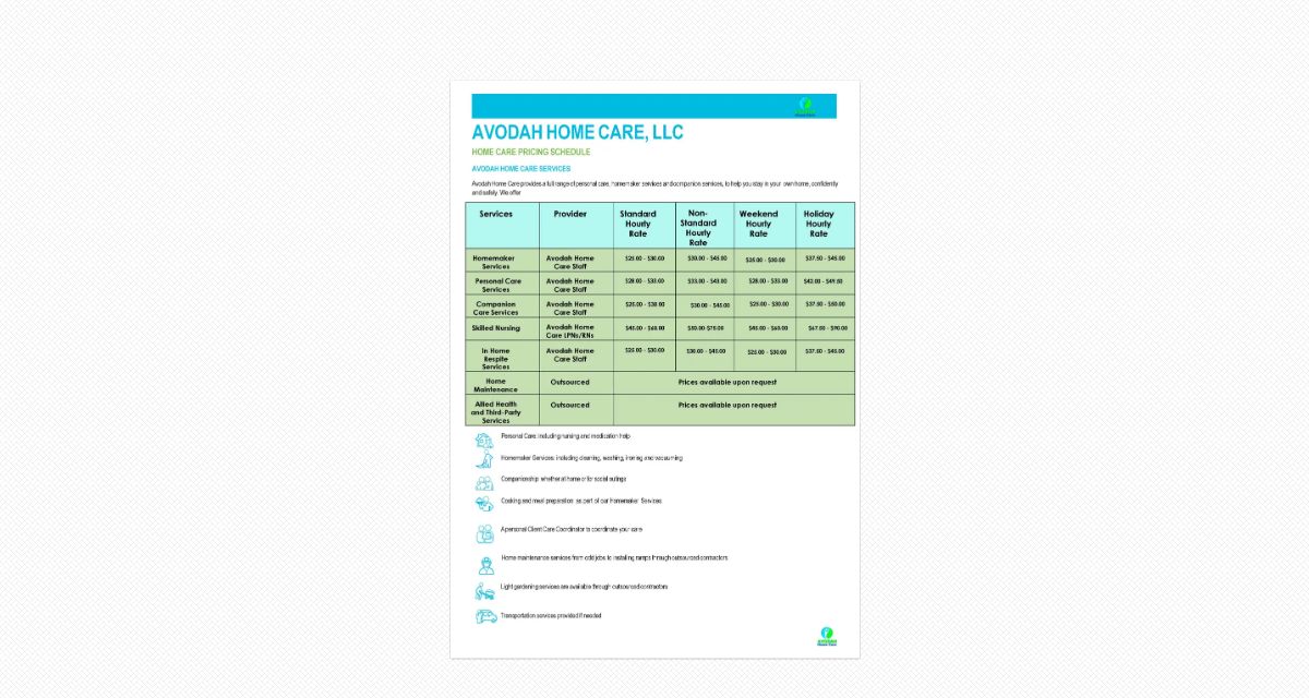Avodah Home Care Rate Sheet