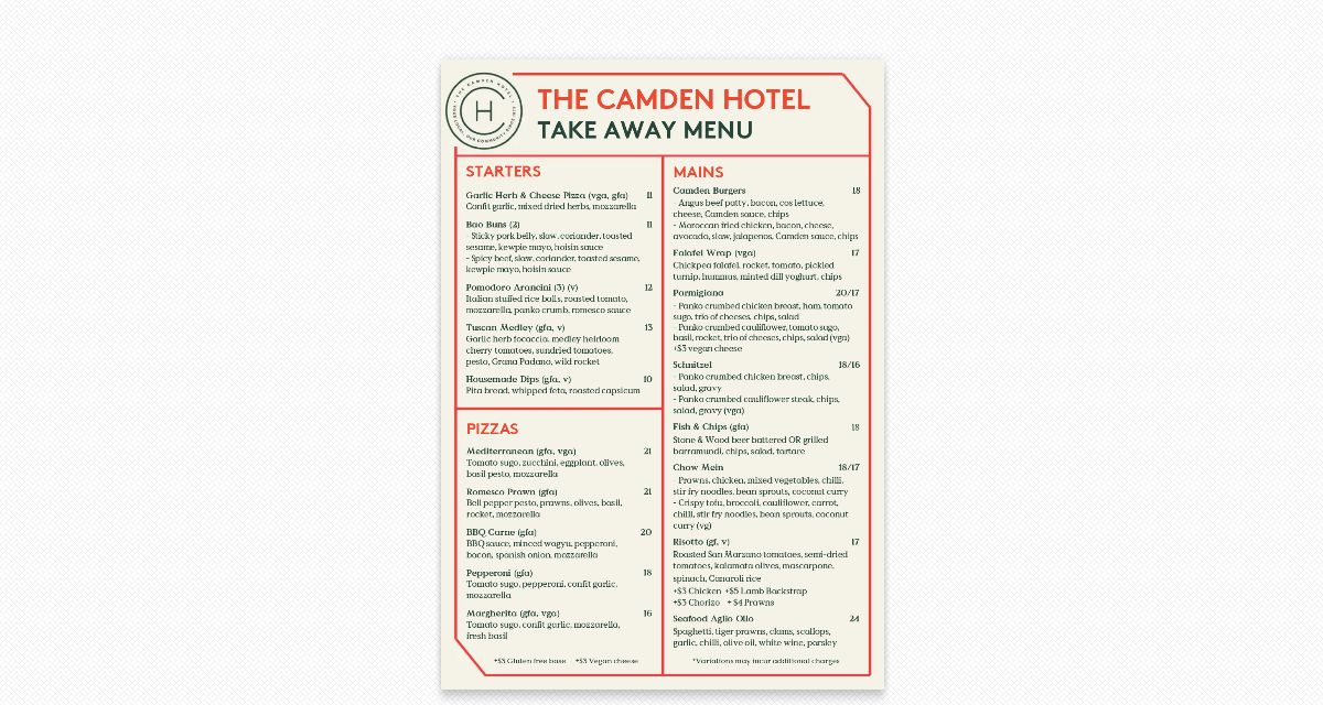 Camden Takeaway Menu
