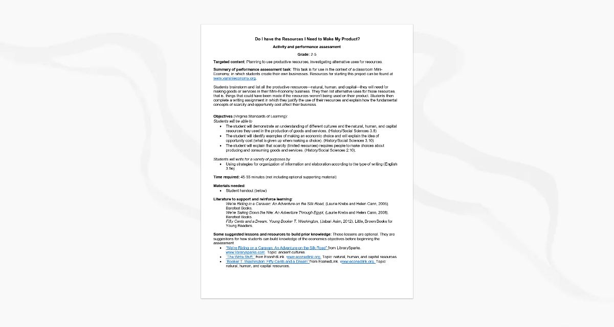 Mini-Economy - Resources I Need to Make My Product