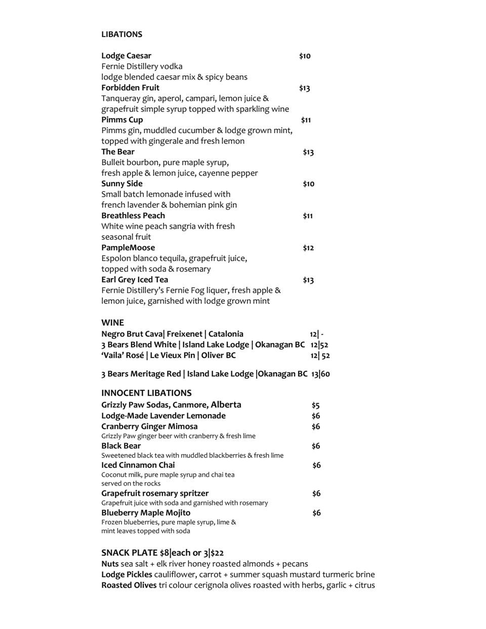 Summer Cocktail Menu