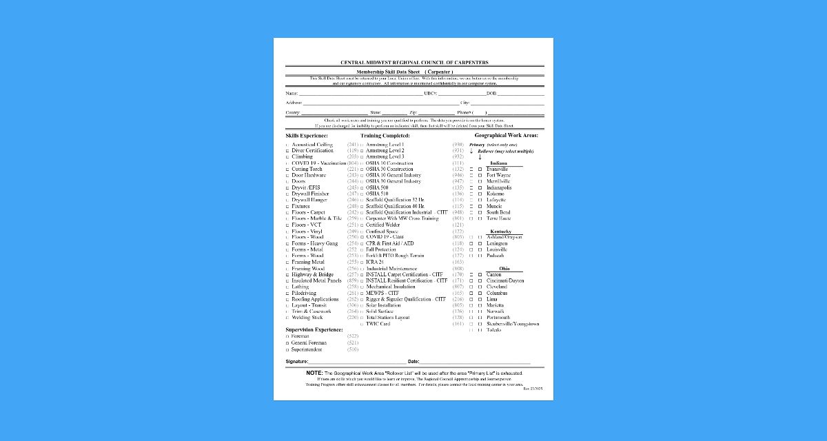 Carpenters Skill Data Sheet