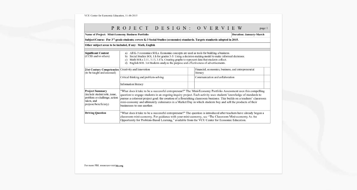 Mini-Economy - Overview of the Project-Based Learning Plan