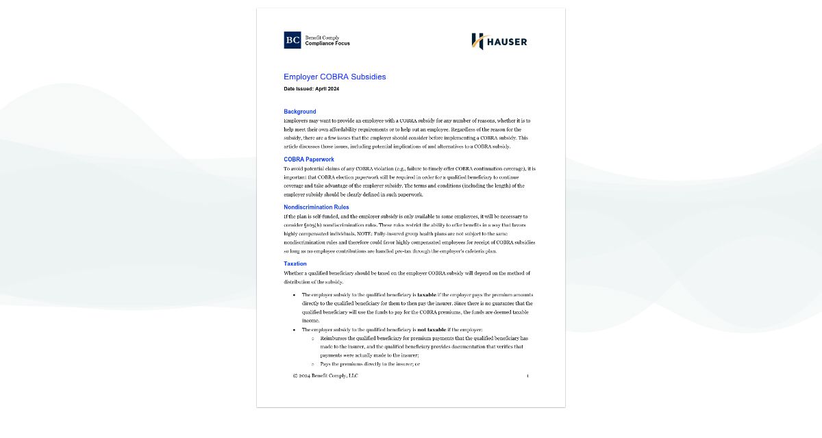 COBRA Employer Subsidy Considerations