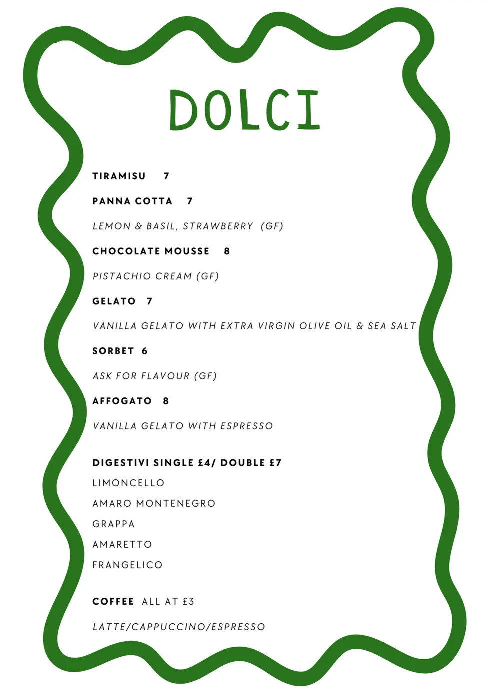 Tutti - Dolci menu