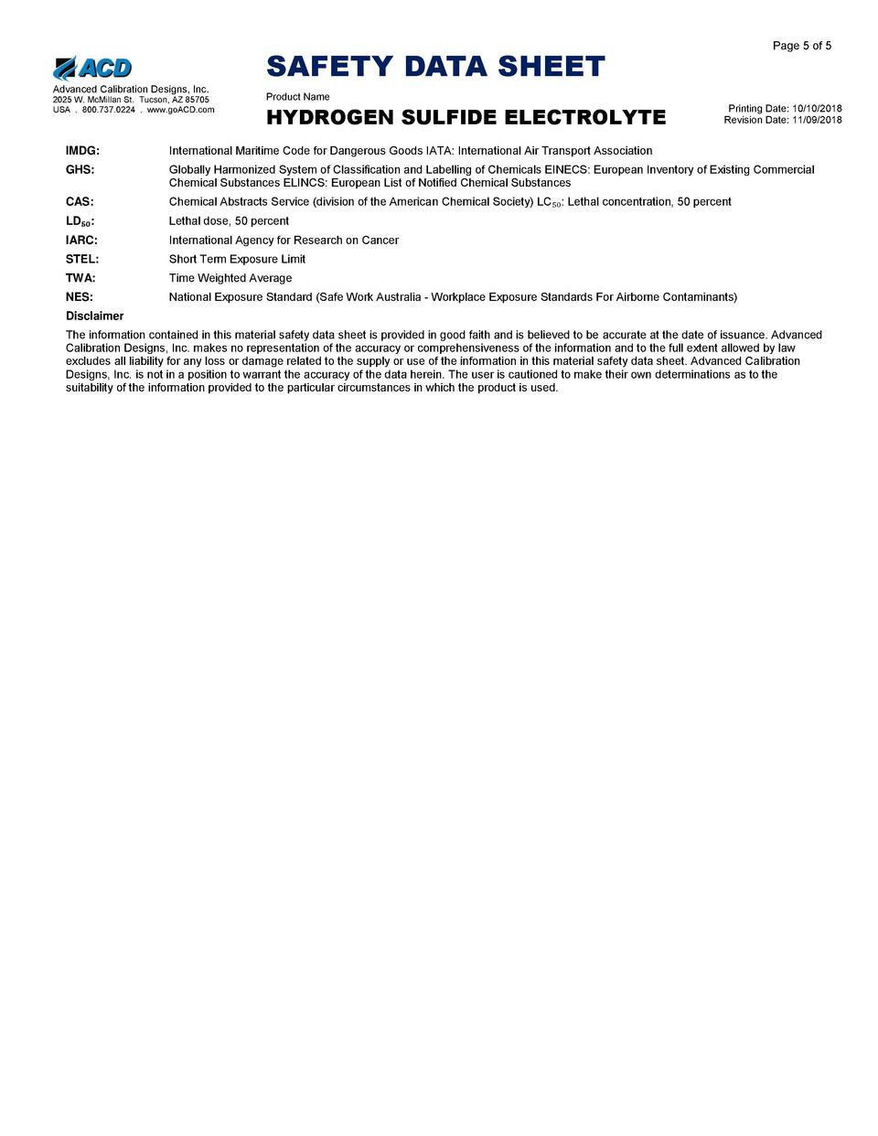Hydrogen Sulfide Electrolyte SDS